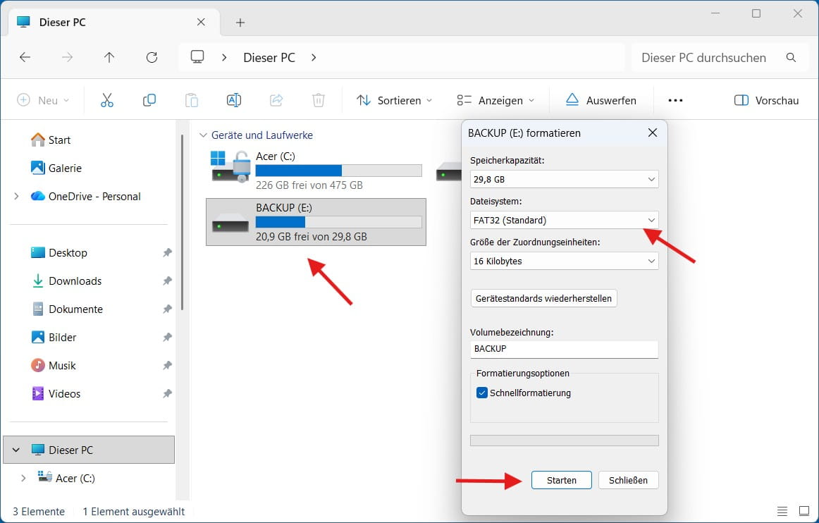 USB-Stick mit FAT32 unter Windows 10/11 formatieren ohne Datenverlust